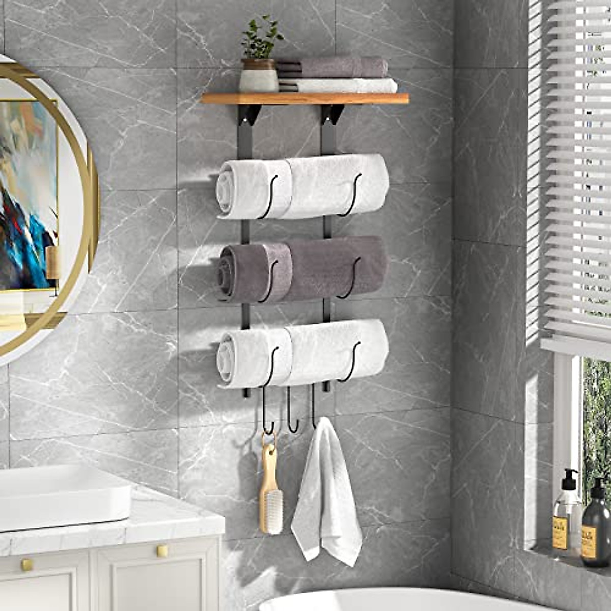 Towel Racks for Bathroom, Towel Holder for Bathroom Wall, Holder Storage with Wooden Shelf and 3 Hooks for Large Small Towels,Yoga Mat Foam Roller