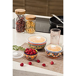 Bico Tunisian Ceramic Bowl with Air Tight Lid Set of 3(27oz, 18oz, 9oz each), Prep bowls, Food Storage Bowl for Salad, Snacks, Fruits, Microwave and Dishwasher Safe
