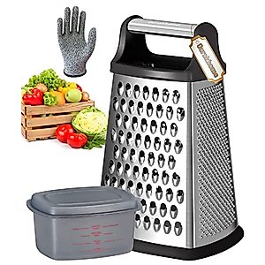 Ourokhome Professional Box Graters with Container, Stainless Steel 4 Sides, Kitchen Slicer Shredder Zester Grater for Parmesan Cheese, Vegetables, Ginger, 10 Inch, a Resistant Glove for Gift (Black)