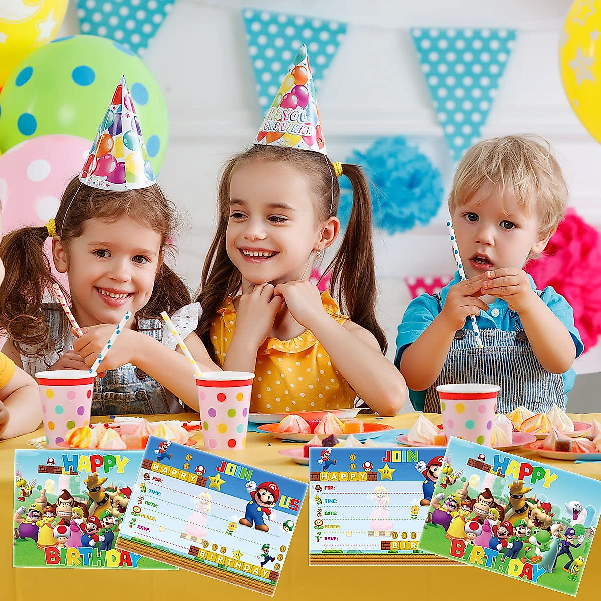 NF 24PCS Mario Birthday Party Invitations card, Video game party supplies，Super Bro Party Supplies for Kids