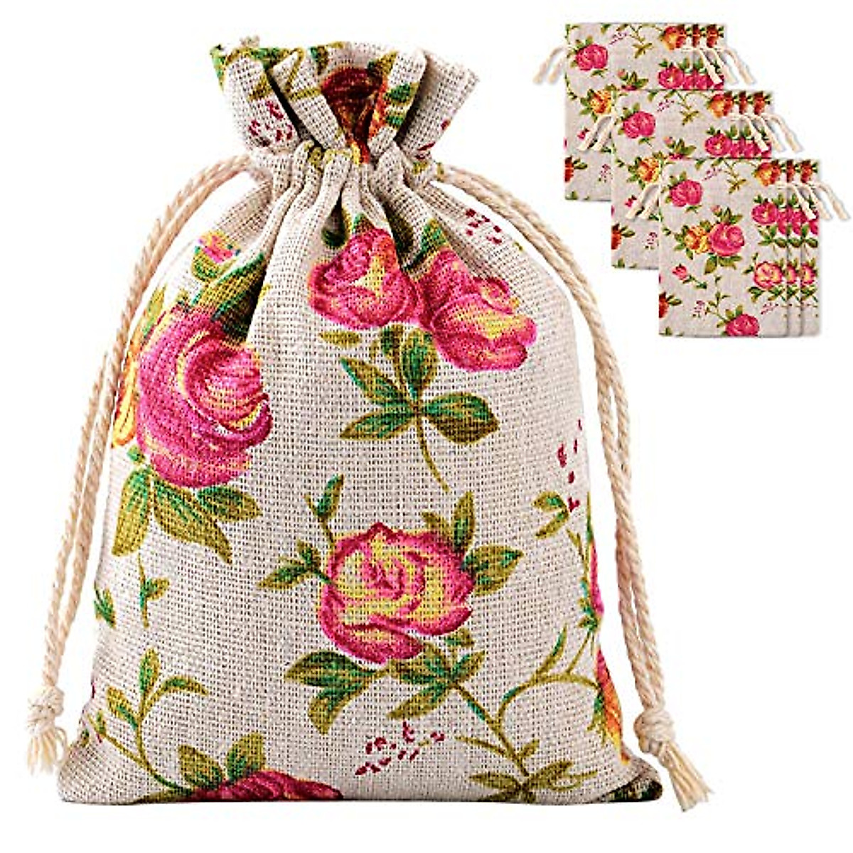 Pangda 30 Pieces Small Size Rose Drawstring Bags Burlap Flower Pouch Bags Linen Gift Bags Jewelry Pouches for Wedding DIY Craft Party (3.9 x 5.3 Inch)