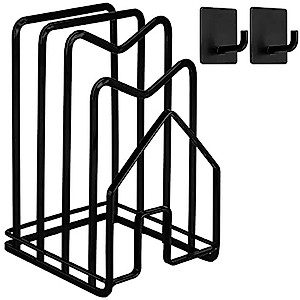 SUNFCON Cutting Board Holder Rack Pot Pan Lids Holder 2 Adhesive 304 Stainless Steel Hanging Hooks Chopping Board Organizer Thin Bakeware Tray Dry Display Stand Kitchen Countertop Cabinet Office Black