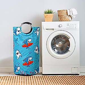 ROOMLINE Laundry Baskets Collapsible Waterproof 82L - Portable Folding Shark Laundry Hamper with Handles - Large Storage Basket for Bedroom Laundry Room Dorm Organization - Blue