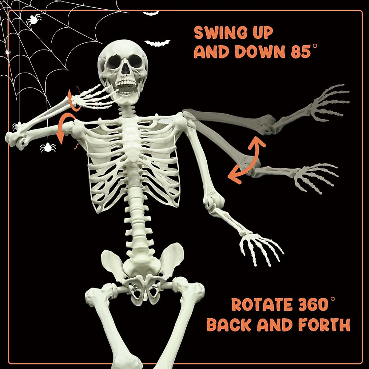 Halloween Skeleton, Full Size Skeleton Skull Decor with Movable Posable Joints for Halloween Front Yard Patio Lawn Garden Props Spooky Party Decoration