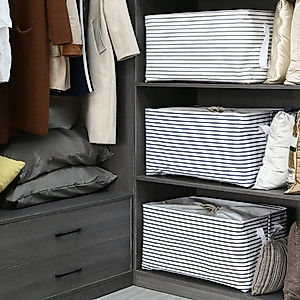 Hinwo 102L XXL Storage Bins, 2-Pack Closet Organizers and Storage, Foldable Clothes Storage Baskets with Handles, Containers for Clothing, Blanket, Comforters, Toys, Bedding (Black Stripe)