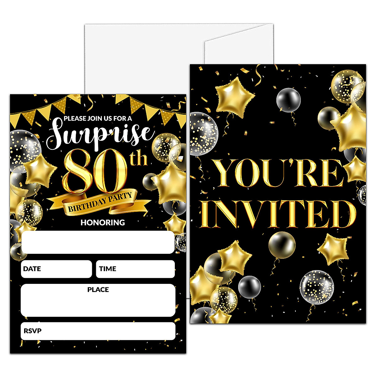 Surprise 80th Birthday Party Invitation, Black and Gold Fill-In Invites For Adult Woman & Man, 20 Invitations With Envelopes(4" x 6"), Party Favors Decorations And Supplies-06