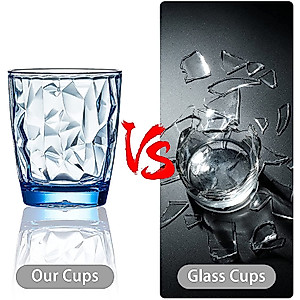 Topsky 10 oz Plastic Water Tumblers | Set of 4 Transparent Unbreakable Drinking Glasses Clear Acrylic Reusable Juice Wine Cups for Home Picnic Party, Dishwasher Safe, Stackable (Blue)