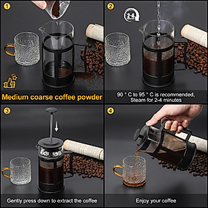 Chiallco Mini French Press Coffee Maker, Heat Resistant Thickened Borosilicate Classic Glass Stainless Steel Coffee Press, 12OZ Heat Cold Brew Coffee Pot Tea Press for Kitchen Travel Camping，Black