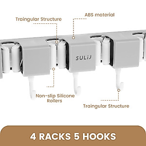 3PCS 4 Racks and 5 Hook Broom Mop Holder with Hooks Wall Mounted Broom Storage Rack No Drilling Self-Adhesive Mop Broom Organizer Mop Holder Hanger for Bathroom Office Kitchen Closet Garage,Gray