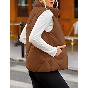 MEROKEETY Womens Puffer Vest Sleeveless Zip Up Quilted Coat Lightweight Stand Collar Gilet Jacket With Pockets Brown Medium