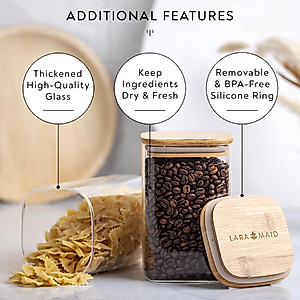 Laramaid 40oz 4Packs Glass Jars Set, Square Pantry Jars with Bamboo Lids, Black Labels and White Pen, Food Storage Containers for Home, Kitchen and Pantry