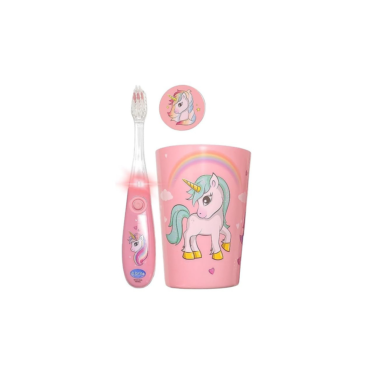 Lily's Home Kids Toothbrush with Flashing Timer with a Cup, Toothbrush Cover and Toothbrush Holder. Unicorn