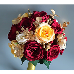Abbie Home Burgundy & Gold Bridal Wedding Bouquet - Real Touch Silk Rose in Champagne with Gold Beads Eucalyptus Decoration for Wedding Vow Renewal