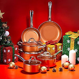 Copper Pots and Pans Set Nonstick 10-Piece Ceramic Cookware Set, Stainless Steel Handles, Dishwasher & Oven Safe, PFOA/PFAS-Free, Orange