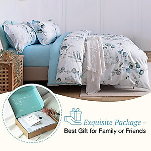 MILDLY 100% Long-Staple Cotton Duvet Cover Set Baby Blue Teal Gradient Leaf Pattern Printed Comforter Cover 3pcs, Ultra Soft & Breathable Bedding Set