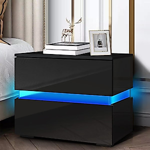 HOMMPA LED Nightstand with 2 Drawers Modern Black Bedside Table Nightstand with Storage Cabinet High Gloss Night Table with 16 Colors LED End Table Smart Nightstand for Bedroom Furniture