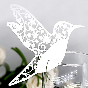 MSUIINT 50pcs Little Bird Shaped Hollow Name Place Cards for Wine Glass Top, Paper Cup Card Hollow Out Design, Wedding Table Decoration and Seating Assignment(White)