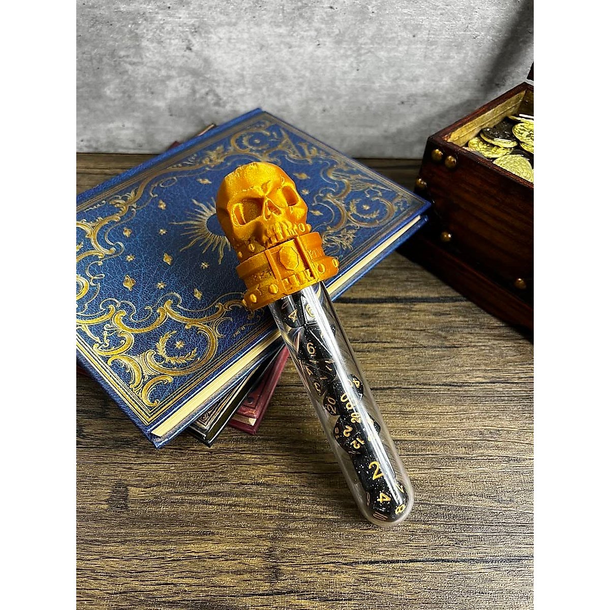 MunnyGrubbers - Skull Potion Vial Dice Holder - (Random 7PCS D20 Dice Set Included) - Dice Storage and Display - Tabletop RPG - Dungeons and Dragons - DND - D&D - (Silver)