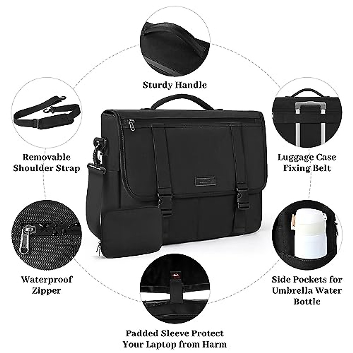 Mens Messenger Bag 15.6 Inch Waterproof Laptop Briefcase Large Satchel Shoulder Bag Office Travel Business Computer Laptop Bag Cable Organizer Bag Set 2pcs,Black