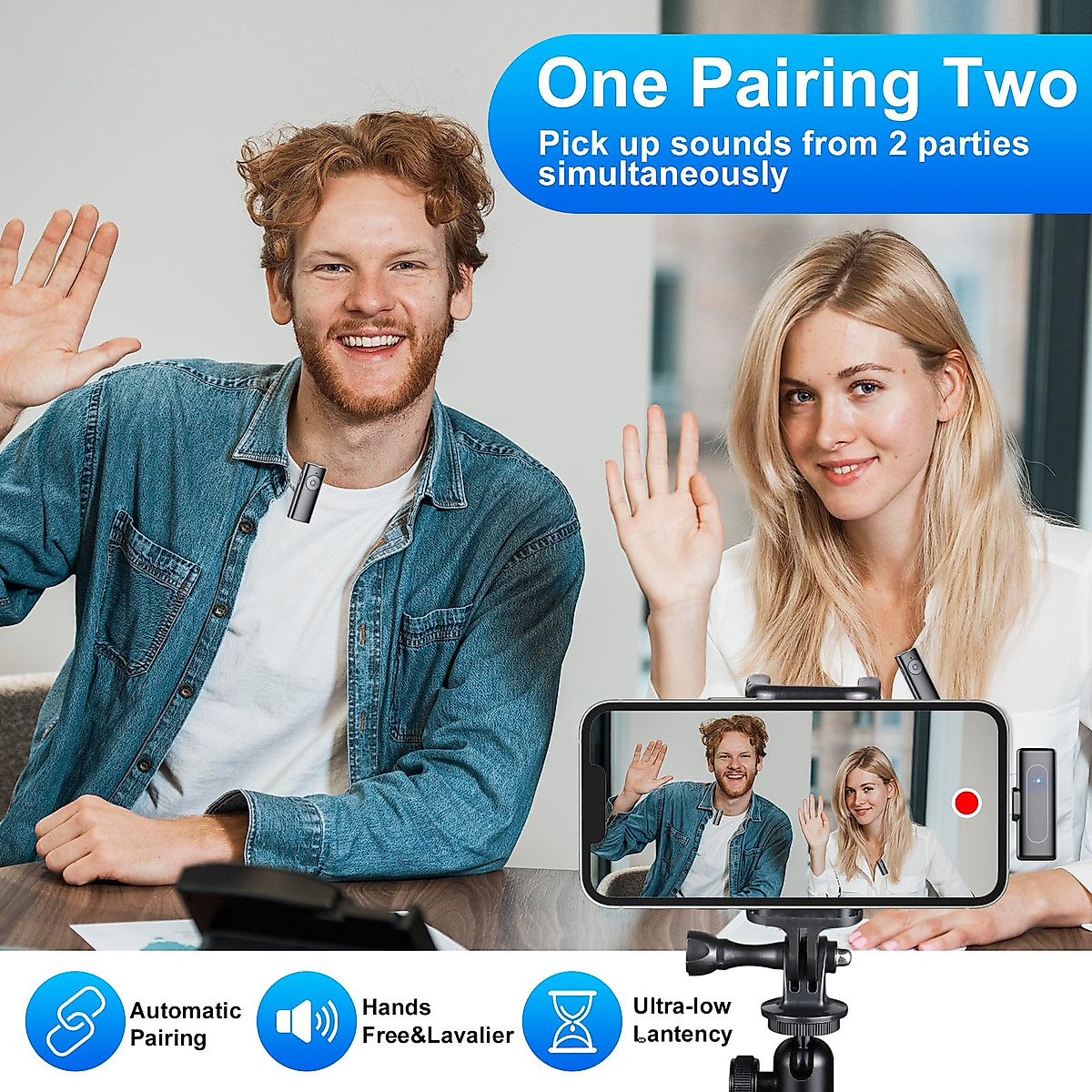 Aptkdoe Wireless Lavalier Microphone for iOS Phone/Pad, 2 Pack Lapel Clip-on Video Recording, 7H Cordless Omnidirectional Condenser Recording Mic, Plug-Play Mic Interview 2023 (M1)