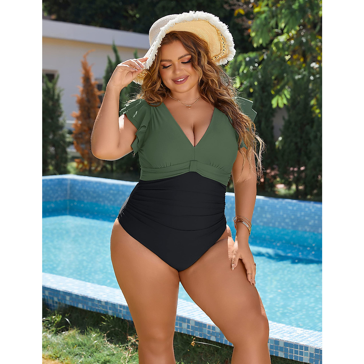 Blooming Jelly Women's Plus Size Swimsuit One Piece Tummy Control Bathing Suit Modest Vintage Push Up Ruffle Sleeve Swim Suits (Army Green and Black,3X-Large)