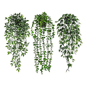 JPSOR 3pcs Fake Hanging Plants, Artificial Hanging Plants Kit, Potted Greenery Faux Eucalyptus Vine Golden Pothos Mandala Vine in Black Pot for Wall Room Patio Office Table Decor