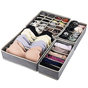 CozyCat Underwear Drawer Organizer Dividers for Bra and Socks 4-pack, Foldable Underware Drawer Organizers, Clothing Storage Boxes, Suit for Lingerie, Bras, Socks, Ties. (6+7+8+24 cell), Gery
