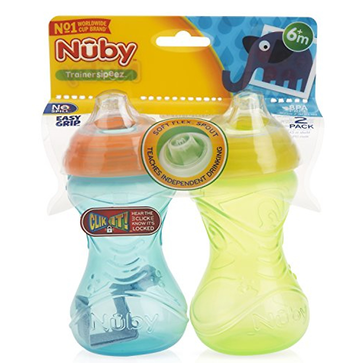 Nuby 2-Pack No-Spill Easy Grip Clik-It Cups, 10 Ounce, Colors May Vary