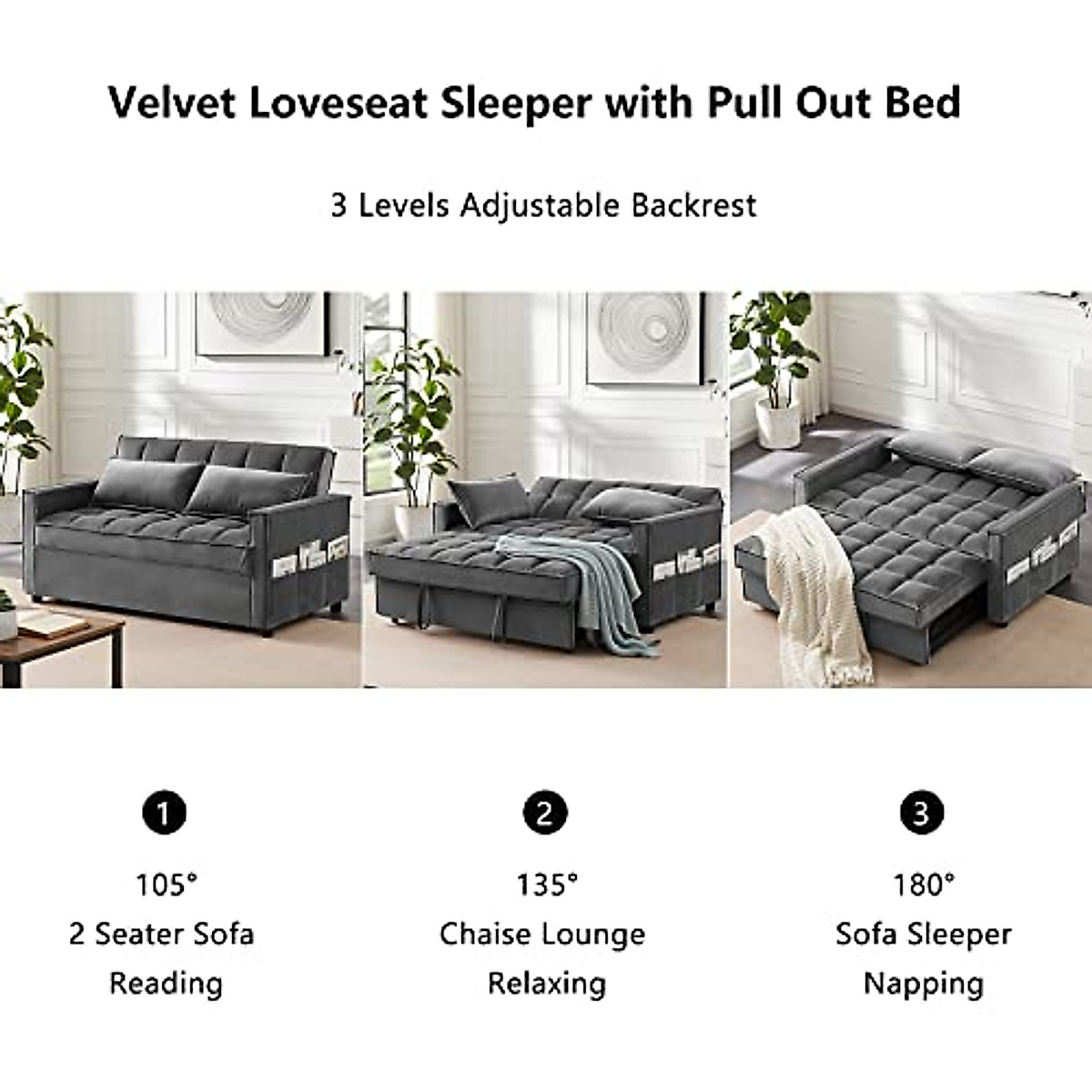 Aoowow 58 Inch Convertible Sleeper Sofa, Velvet Loveseat Sleeper Pull Out Sofa Bed Convertible Loveseat with Adjustable Backrest, 2 Pillows and Side Pockets for Living Room Small Spaces (Gray)