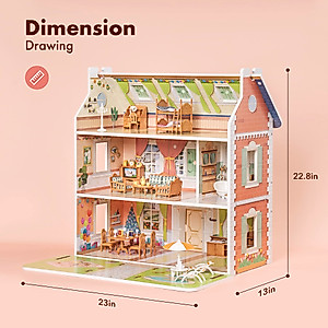 ROBUD Wooden Dollhouse for Kids Girls, Pretend Play Toy Gift for 3 4 5 6 Years Old Girls Boys