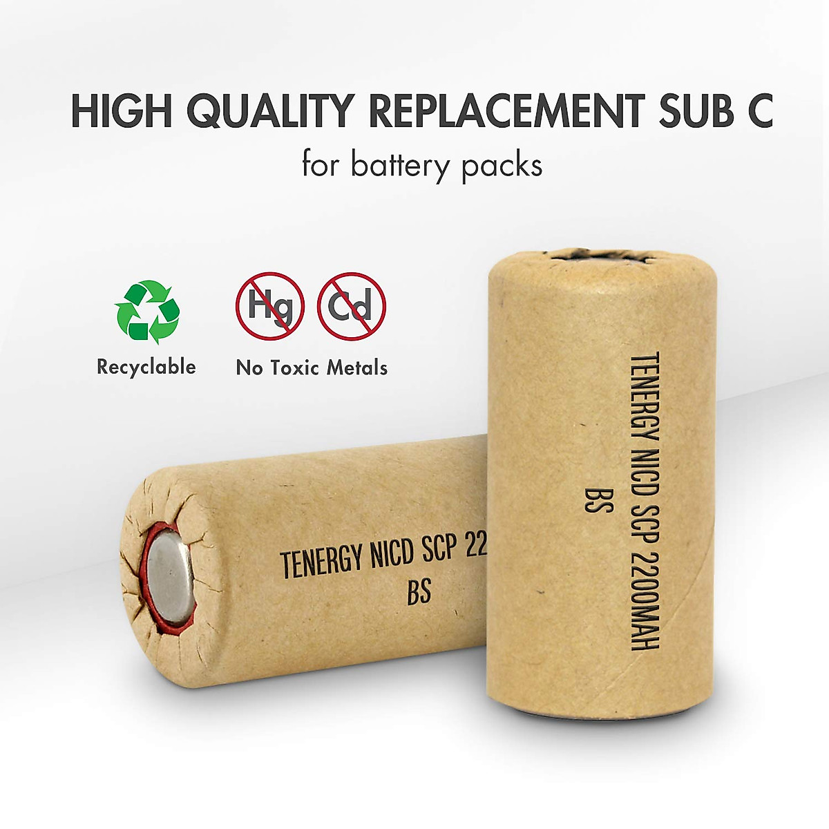 Tenergy NiCd SubC 2200mAh Paper Wrapped Rechargeable Battery Flat Top - 15 Pack