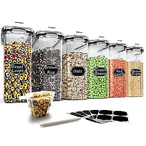 Wildone Cereal Storage Containers Set, Large BPA Free Plastic Airtight Food Storage Containers 4L /135.3oz for Cereal, Flour, Sugar, 6 Piece Set Cereal Dispensers with 20 Labels & Marker, Black
