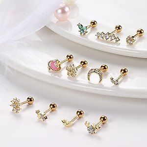 Sanfenly 11Pcs 16G Cartilage Earrings Studs Stainless Steel CZ Forward Helix Tragus Stud Earring Cute Butterfly Moon and Star Cartilage Daith Conch Ear Piercing Jewelry for Women