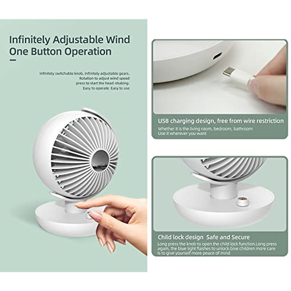 Aoodano Globe desktop fan, 5600mAh Rechargeable Desk Fan,Small Portable Table Fan with 3 Cooling Speeds,Rotation button Control Personal Fan for Home, Office, Outdoor Travel and Camping