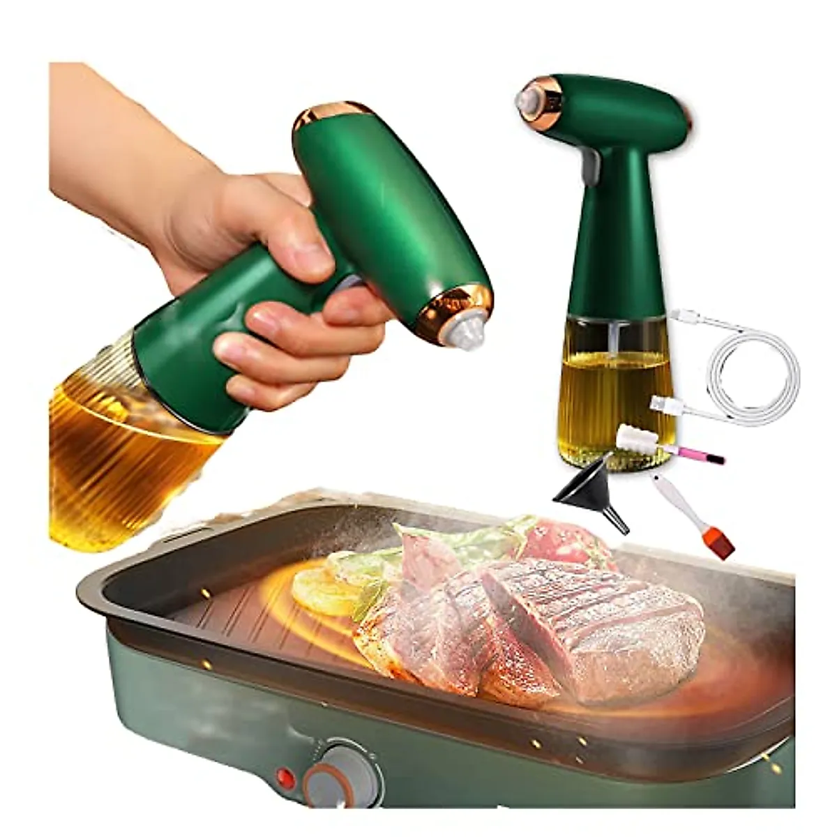 ZHIVIQ Electric Oil Sprayer for Cooking 200ML Olive Oil Mister 0.4mm Fine Mist Automatic Oil Spritzer Dispenser Bottles for Air Fryer Salad Kitchen Baking Frying BBQ Roasting (Premium set, Green)