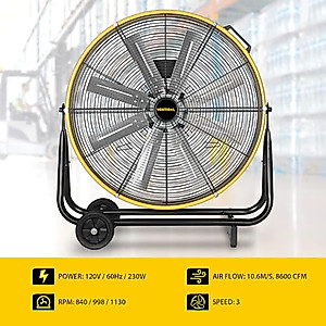 VENTISOL 24 Inch Industrial Floor Drum Fan, 8600 CFM Heavy Duty Floor Fan 3-Speed Air Circulator with Castors, High Velocity Commercial Shop Fan for Warehouse, Basement, Facotry, Barn, Garage