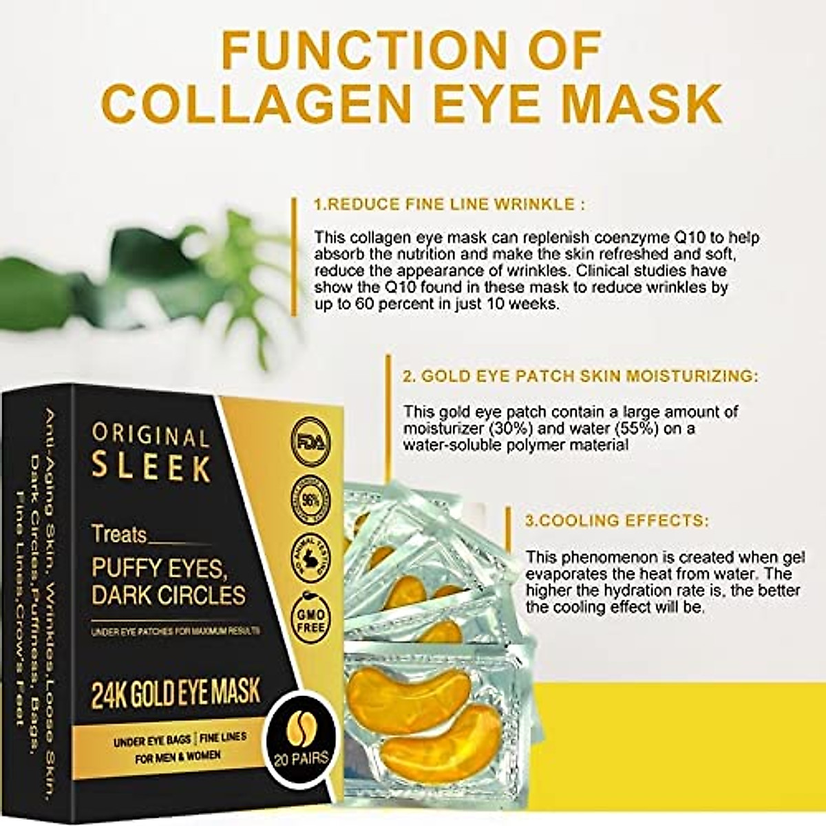 Original Sleek 24k Gold Under Eye Patches (20 pairs) - collagen patches, dark under eye circles treatment, bags under eyes treatment for women,puffy eye mask, under eye mask patches
