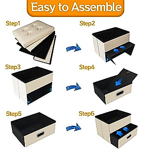 VewePata Folding Storage Ottoman with Drawers, 17 inch, Beige, Leather