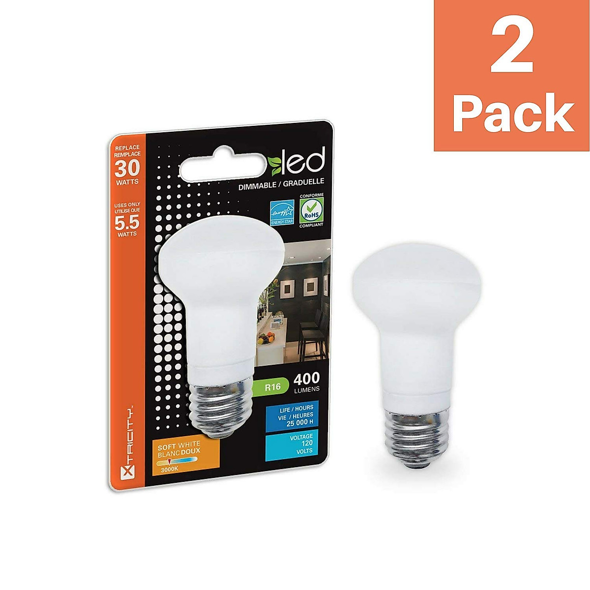 Xtricity R16 LED Light Bulb, 7 Watt (50W Equivalent), Dimmable, 400 Lumens, 3000k Soft White, E26 Medium Base, Energy Star (2 Pack)