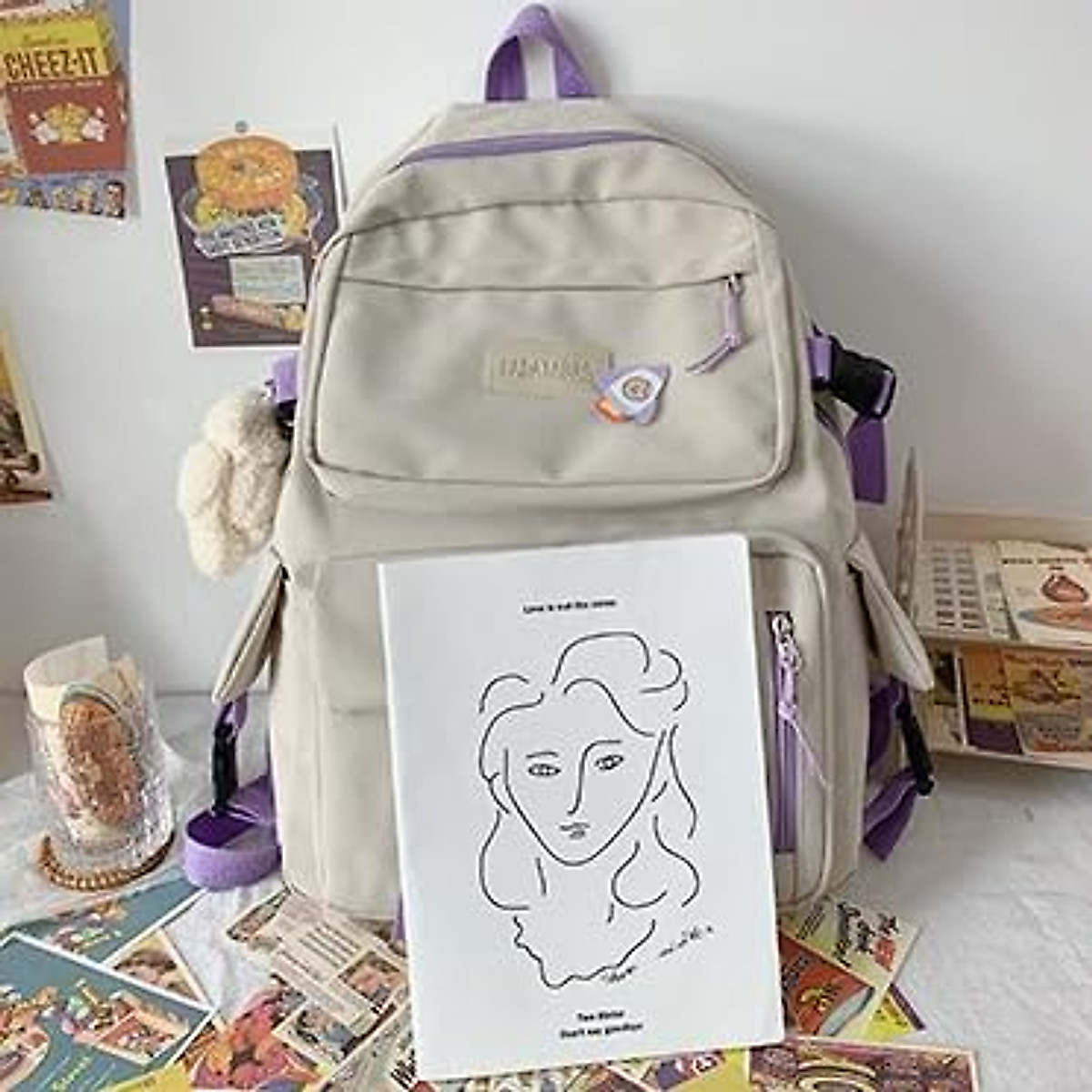 Splendrive Cute backpack with cute accessories aesthetic Outdoor Daypack (Black)