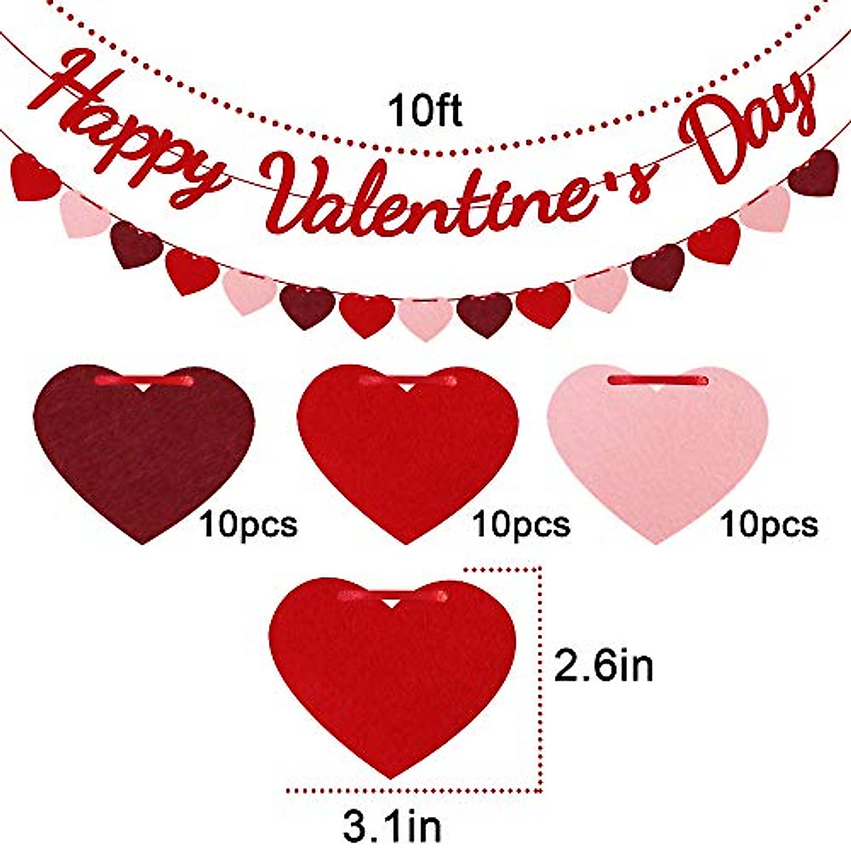 Happy Valentine's Day Felt Banner - No DIY Required - Valentines Decorations - Valentines Felt Heart Garland Banner - Valentine's Day Outdoor Indoor Home Hanging Decor
