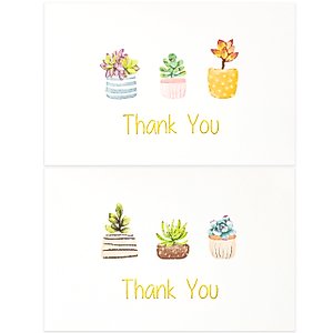 Crisky Printable Succulent Thank You Cards with Envelopes (50 Pack) & Stickers Greeting Notes Bulk, greenery plants for Birthday, Baby Shower,Bridal Shower, Wedding, Graduation