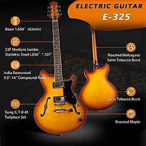 EART E-325 6 String Semi-Hollow-Body Electric Guitar, Roasted Mahogany Neck,Stainless Steel Frets, Playing Jazz,Tobacco Sunburst