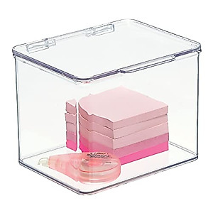 mDesign Small Plastic Home Office Storage Organizer Box Containers w/Hinged Lid for Desktops - Holds Pens, Pencils, Sticky Notes, Highlighters, Staples, Supplies - Lumiere Collection - 4 Pack - Clear