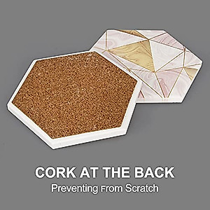 6 Pcs Pink Marble Coasters with Holder Gold Absorbent Drink Coasters Hexagon Cute Ceramic Table Coaster Set Decorative Bar Coasters Modern Coffee Cup Coasters