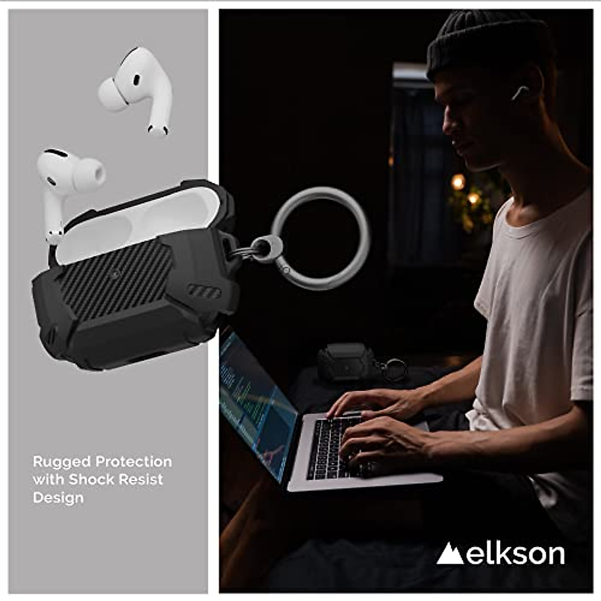 elkson Compatible with AirPods Pro Case, Secure Case Cover with Keychain Hard Shell Protective Bumper Carbon Fiber Full Body Shockproof for AirPod Pro, Black Exia Series Front LED Visible