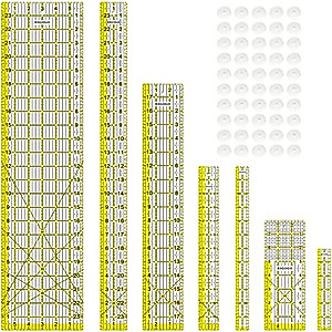 Acrylic Ruler 7 Piece Set , Non Slip Rings 50 Pieces，Quilting Rulers, Size (6"x24"),(2"x24"),(3"x18"),(3"x8"),(1.5"x12"),(1"x12"),(1"x6")