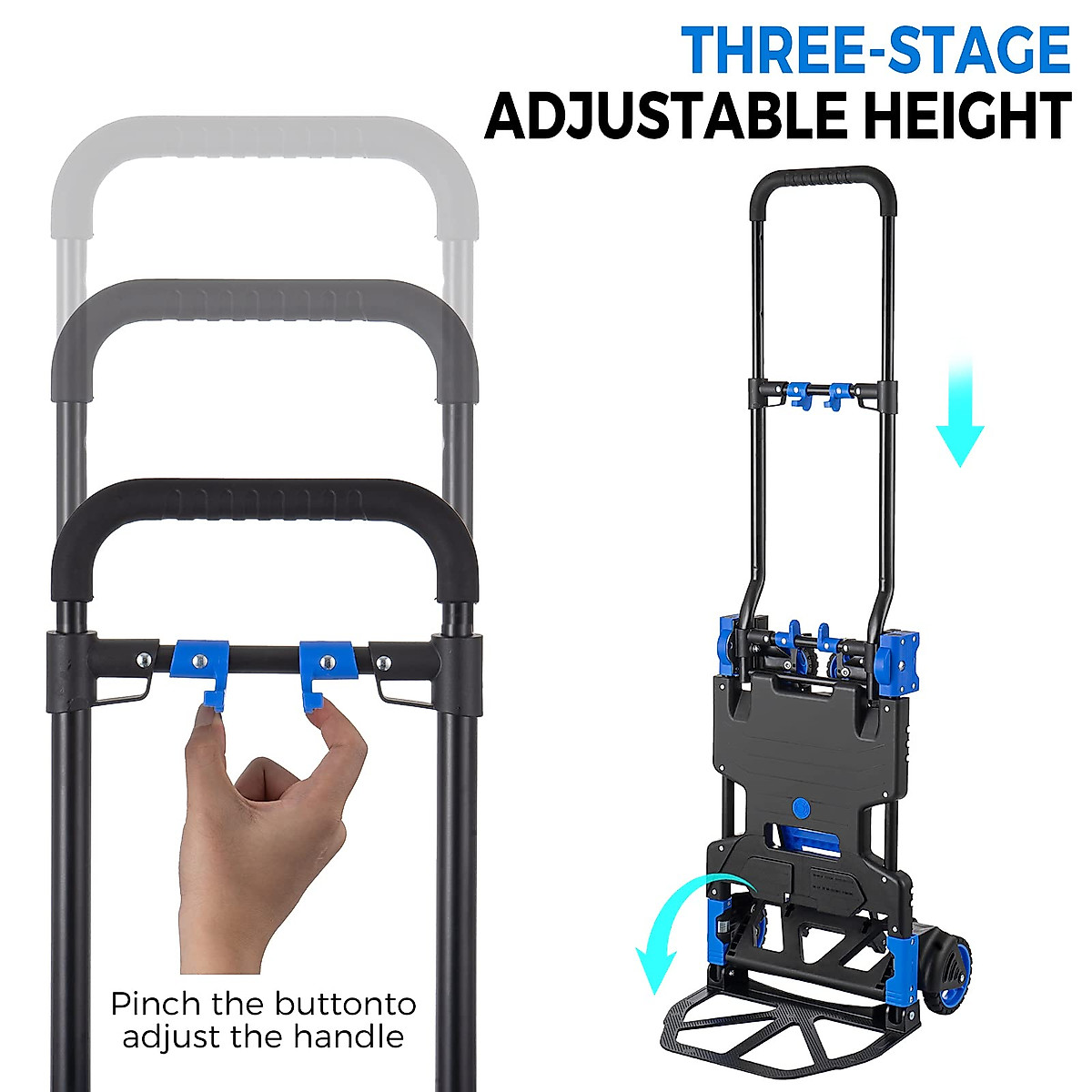 Hitgrand Folding Hand Truck, Heavy Duty Hand Truck Dolly Cart, Convertible Dolly Cart 330lbs Capacity W/Foldable Basket, 2 in 1 Luggage Trolley Cart for Warehouse Home Outdoor Moving