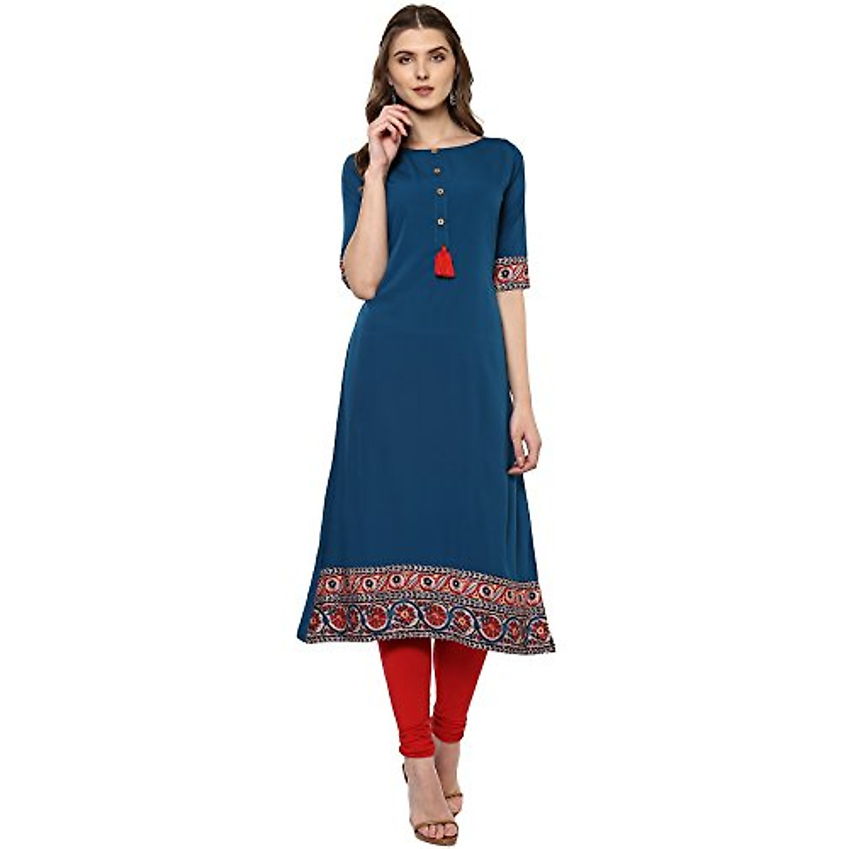 Janasya Indian Women's Tunic Tops Crepe Kurti For Women(JNE2100-KR-144-L) Turquoise