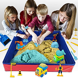 ESSENSON Play Construction Sand Kit - 3lbs Sand with 2 Colors, 6 Mini Construction Trucks, Construction Toys and Signs, Animal Mold, Modeling Tools, Foldable Sandbox, Gifts for Boys Girls